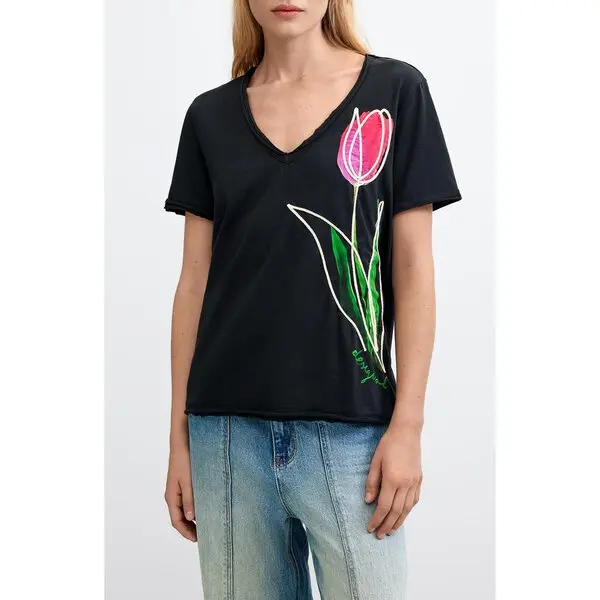 Desigual Graphic V-neck T-shirt - Black