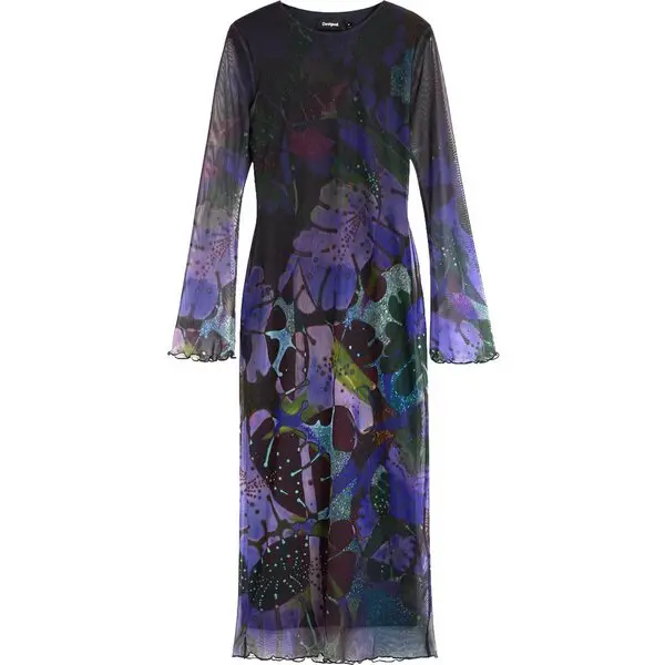 Desigual Lacroix Leaf Print Mesh Midi Dress