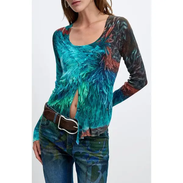 Desigual M. C. Lacroix Printed Cotton Blend Knit Top - Turquoise