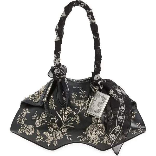 Alexander McQueen Manta Embellished Leather Shoulder Bag - Black/silver