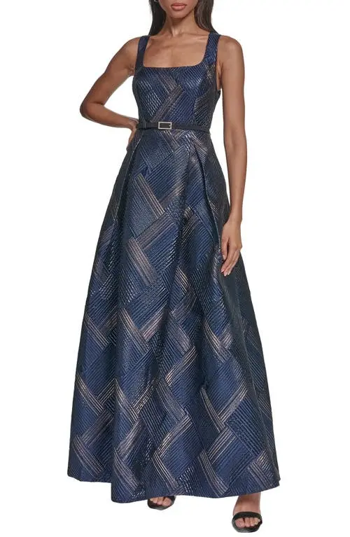 Karl Lagerfeld Paris Square Neck Metallic Jacquard Belted Ball Gown