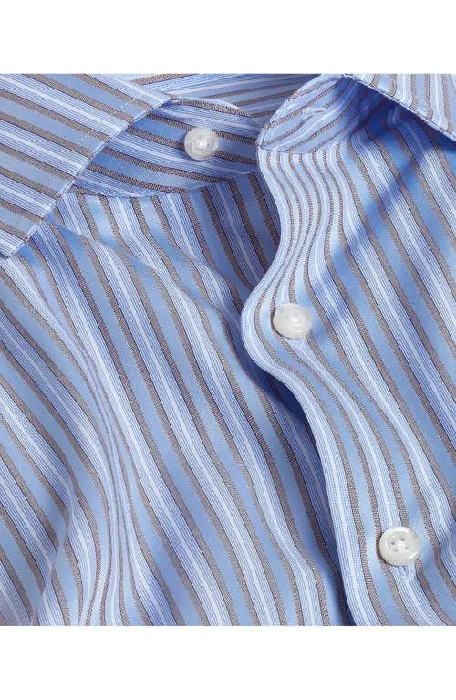David Donahue Trim Fit Stripe Cotton Dobby Dress Shirt - Sky/dune