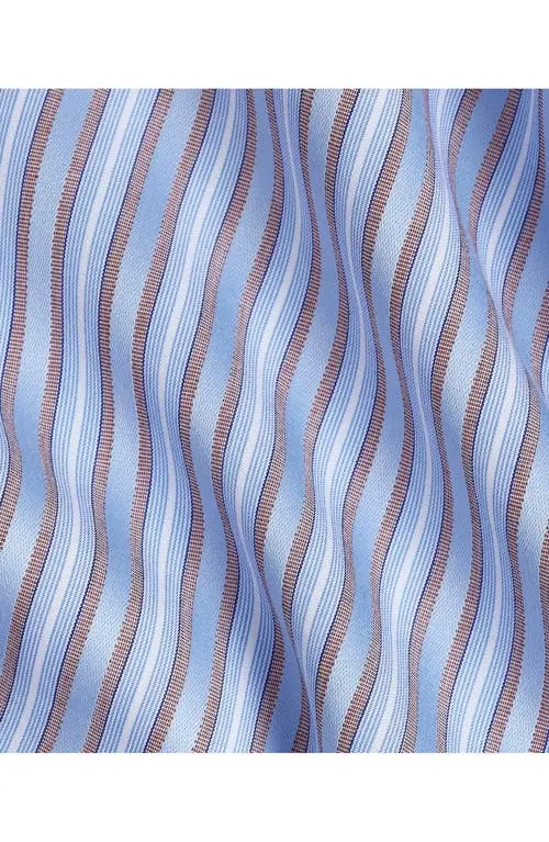 David Donahue Trim Fit Stripe Cotton Dobby Dress Shirt - Sky/dune