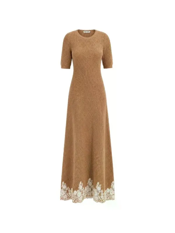 Alberta Ferretti Lace-trim Ribbed-knit Midi Dress - Neutrals