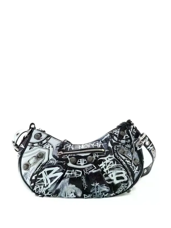 Balenciaga Le Cagole Graffiti Giant Studs Leather Small Shoulder Bag - Black