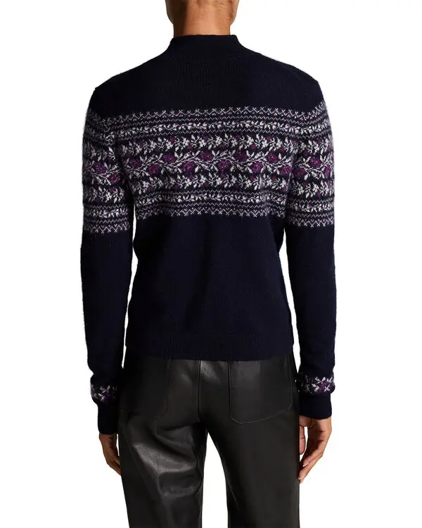 Vince Cashmere Flower Fair Isle Mock Neck Sweater