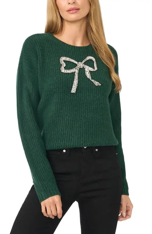 CECE DUPRAZ Rhinestone Bow Ribbed Crewneck Sweater - Windsor Moss