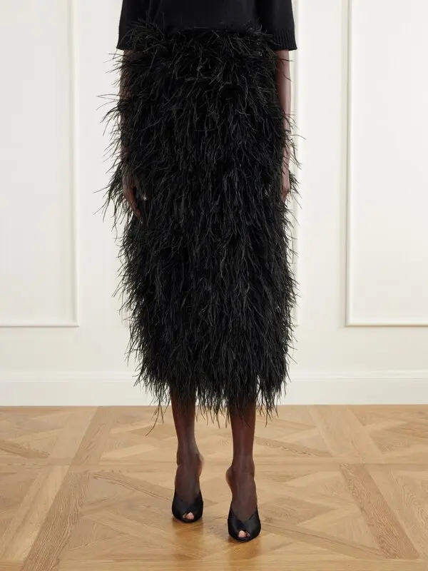 DIMA AYAD Feather-embellished Twill Midi Skirt