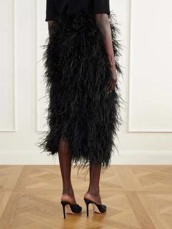 DIMA AYAD Feather-embellished Twill Midi Skirt