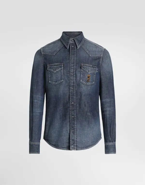 Dolce & Gabbana Gold Shirt In Denim With Patch - Indigo Wash