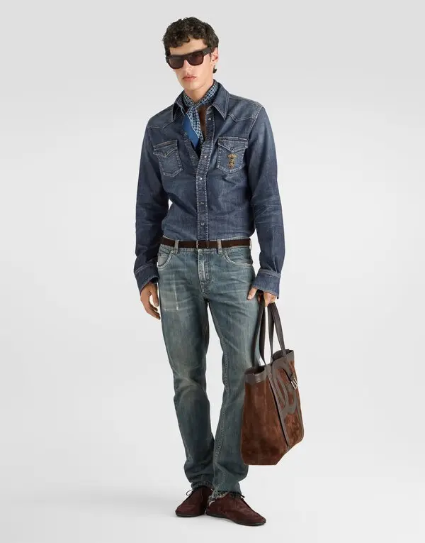 Dolce & Gabbana Gold Shirt In Denim With Patch - Blue
