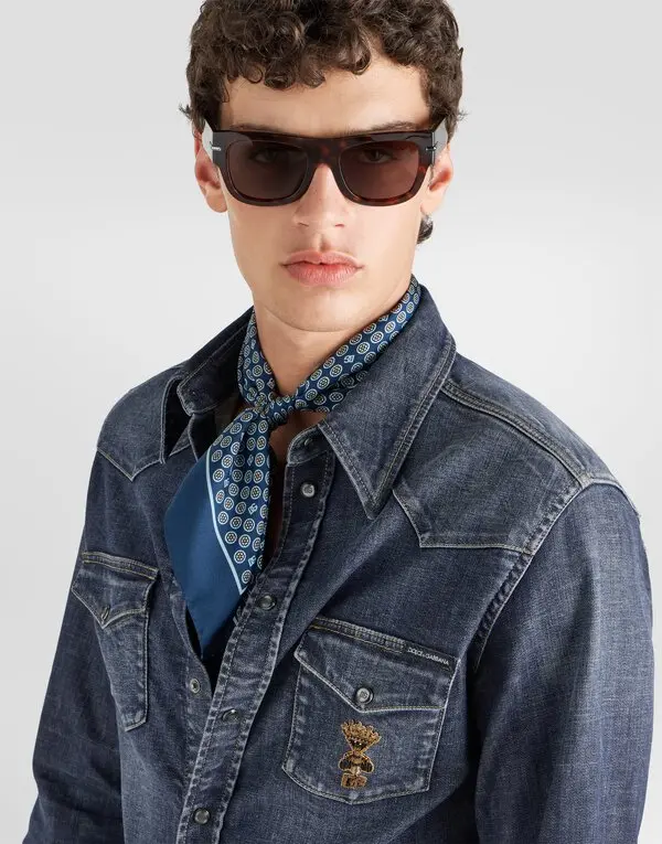 Dolce & Gabbana Gold Shirt In Denim With Patch - Blue