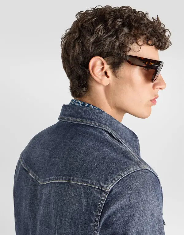 Dolce & Gabbana Gold Shirt In Denim With Patch - Blue