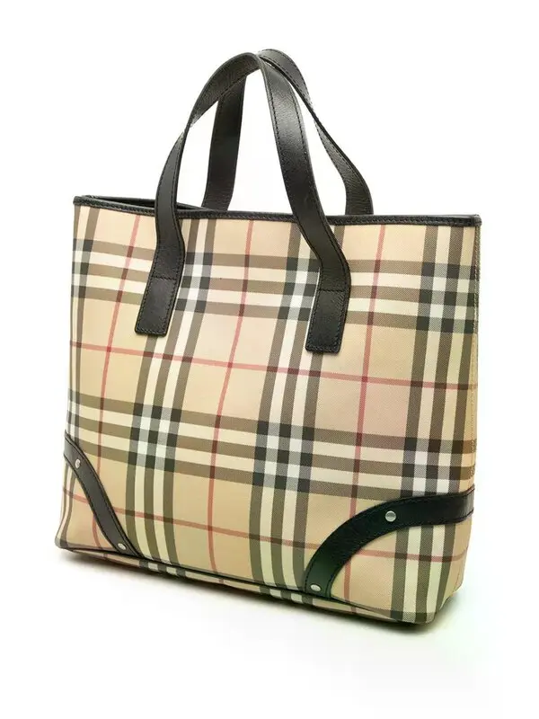 Burberry 2000-2017 Studded Leather Trimmed House Check Canvas Tote Bag - Neutrals