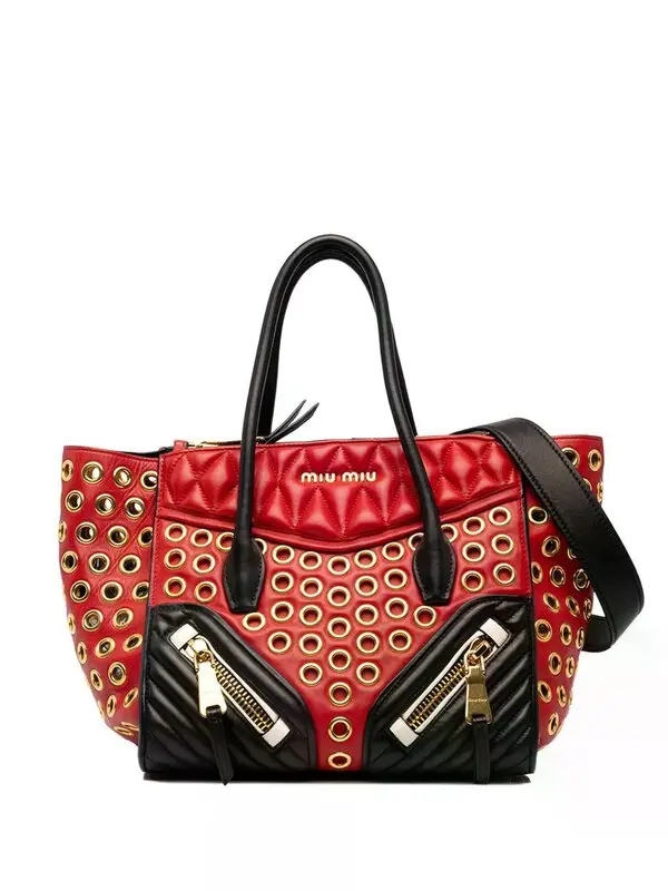Miu Miu 2010-2026 Small Tricolor Nappa Grommet Biker Satchel - Red