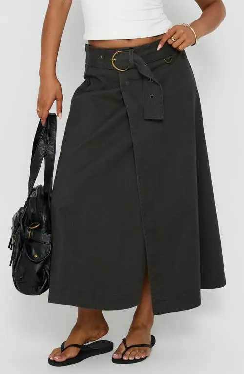 Princess Polly True Visions Belted Cotton Maxi Skirt - Charcoal