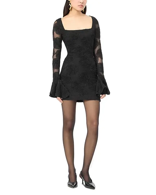 ROTATE BY BIRGER CHRISTENSEN Flower Mesh Long Sleeve Mini Dress - Black