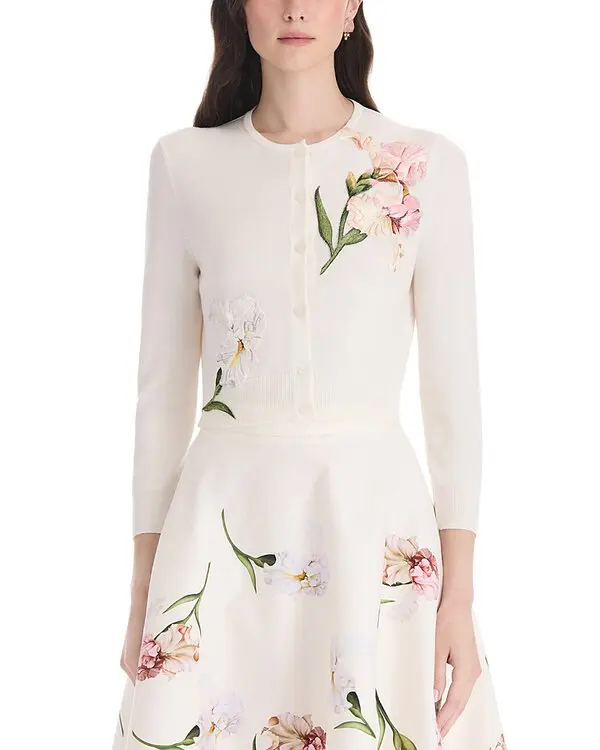 Oscar De La Renta Embroidered Wool Crewneck Cardigan - Ivory