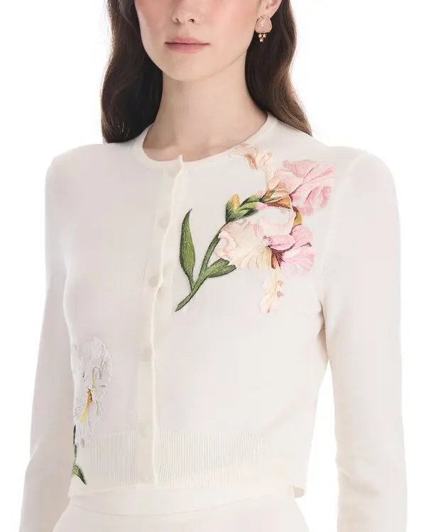 Oscar De La Renta Embroidered Wool Crewneck Cardigan