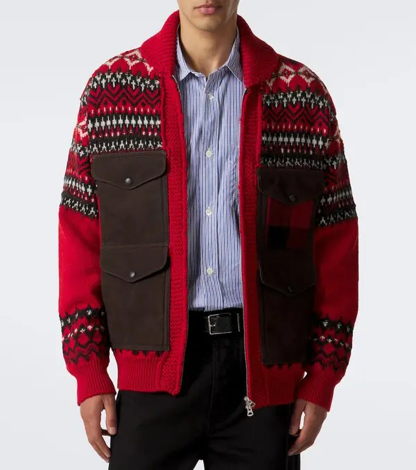 Junya Watanabe Suede-trimmed Wool Zip-up Cardigan