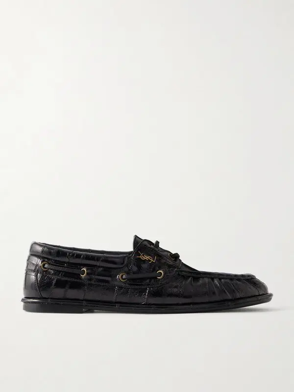 Saint Laurent Le Loafer Bateau Cassandre-embellished Textured-leather Loafers - Black