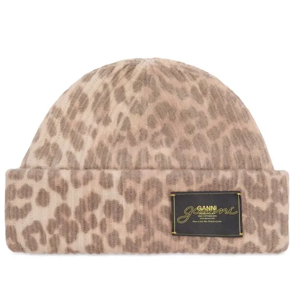 GANNI Graphic Wool Mix Beanie - Leopard