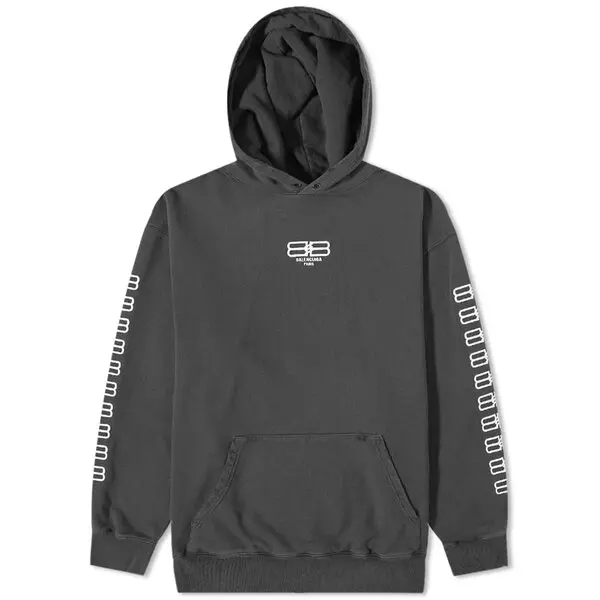 Balenciaga Embroidered Sleeve Bb Logo Popover Hoody - Washed Black/white