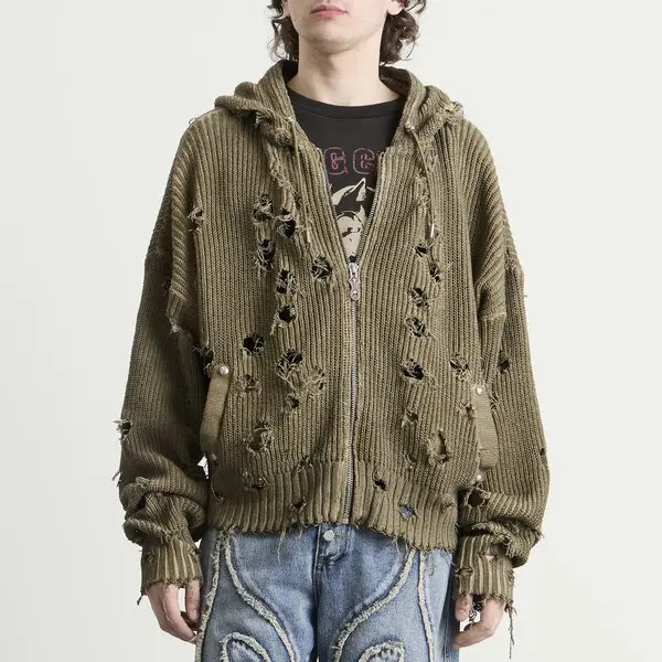 THUG CLUB Distressed Knitted Hoodie