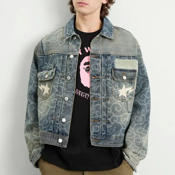 A BATHING APE Cloud Camo Upcycled Denim Trucker Jacket