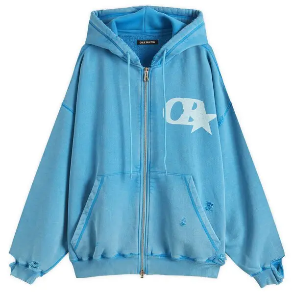 COLE BUXTON Cb Star Distressed Pocket Zipped Hoodie - Washed Blue