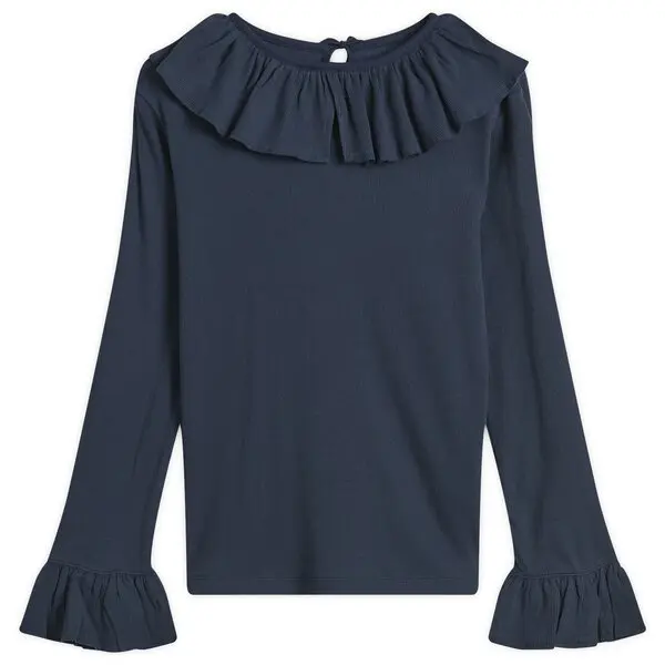 BEAMS Rib Knitted Ruffle Gathered Long Sleeve T-shirt