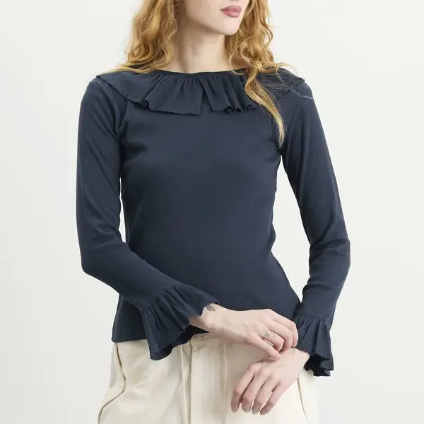 BEAMS Rib Knitted Ruffle Gathered Long Sleeve T-shirt