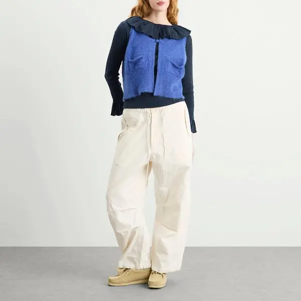 BEAMS Rib Knitted Ruffle Gathered Long Sleeve T-shirt