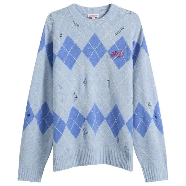 CHARLES JEFFREY Distressed Argyle Jumper - Light Blue/blue