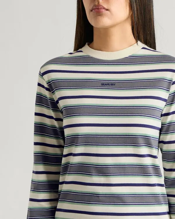 BEAMS Embroidered Stripe Long Sleeeve T-shirt