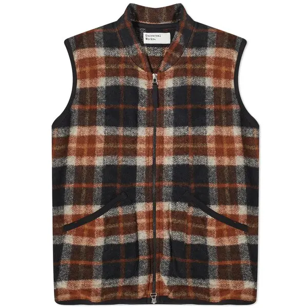 Universal Works Check Wool Fleece Zip Waistcoat Jacket