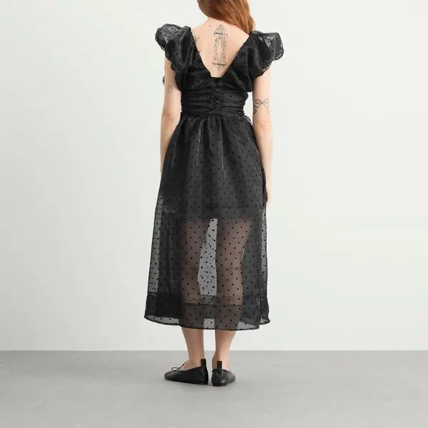GANNI Flocked Organza Long Ruched Dress