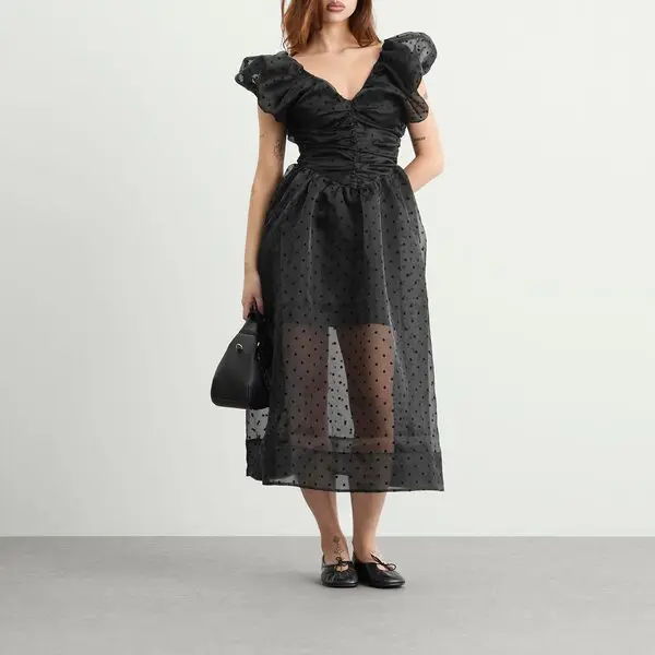 GANNI Flocked Organza Long Ruched Dress