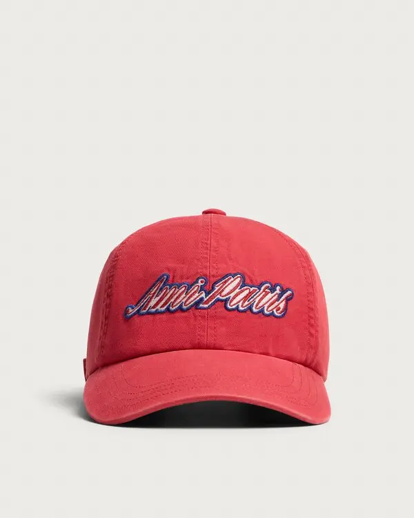 AMI Paris Washed Cotton Embroidered Cap - Ruby Red Lava