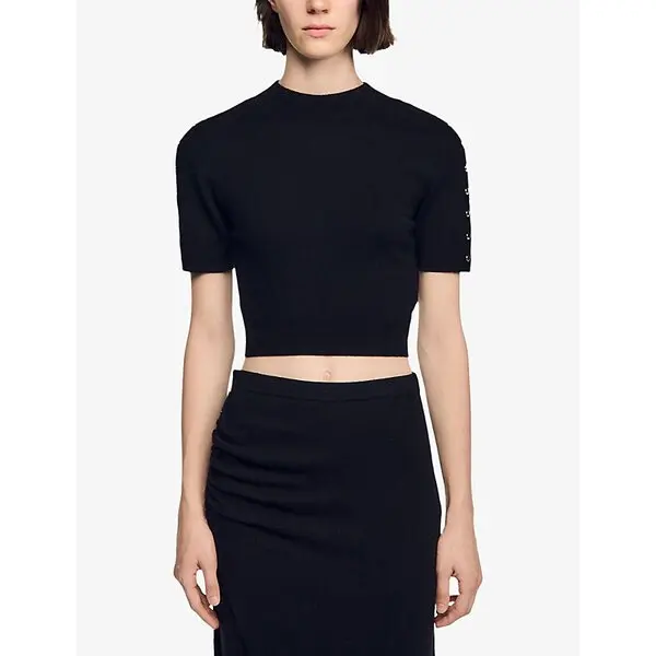 Sandro Stud-embellished Cropped Wool And Cashmere Jumper