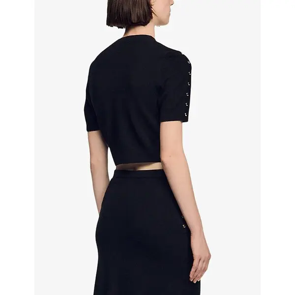 Sandro Stud-embellished Cropped Wool And Cashmere Jumper