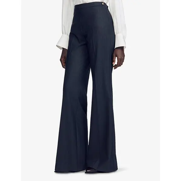 Sandro Striped Flared-leg High-rise Wool-blend Trousers