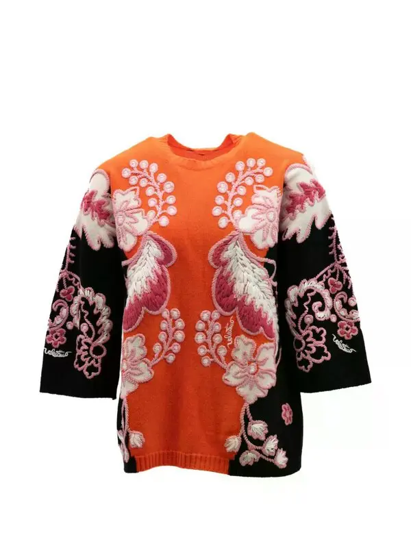 Valentino Garavani Floral-embroidered Panelled Sweater - Orange