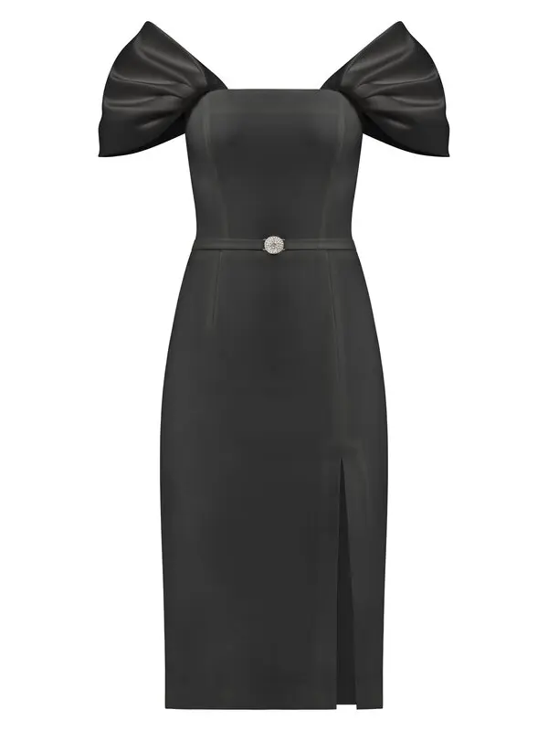 TIA DORRAINE Mirage Crystal Ornament Midi Dress - Black