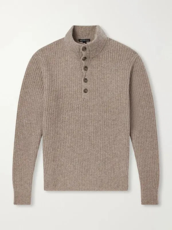 JAMES PERSE Ribbed Cashmere Polo Sweater - Beige