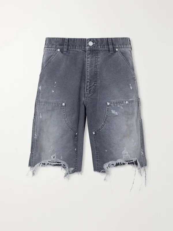 John Elliott Desert Snow Straight-leg Paint-splattered Distressed Denim Shorts