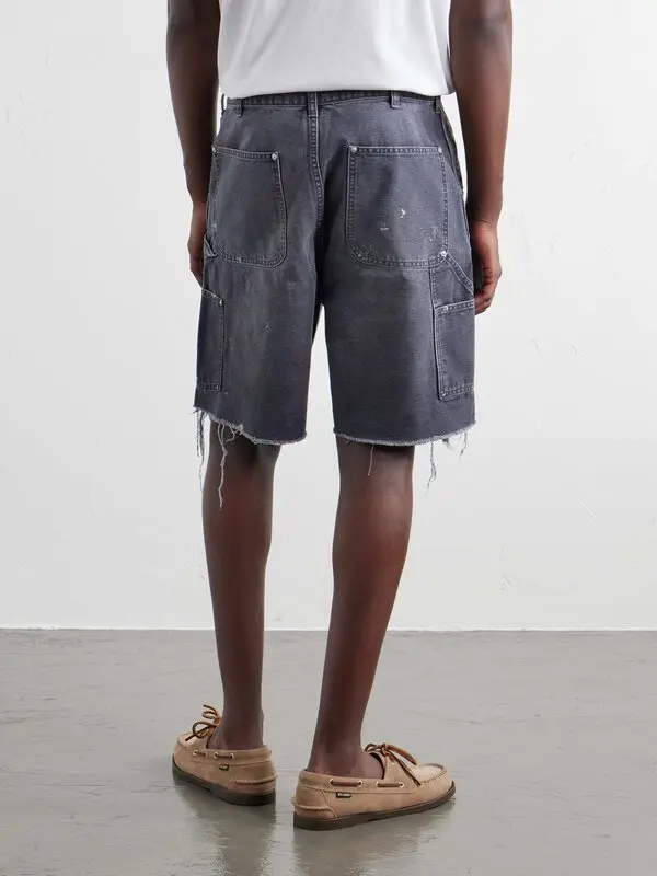 John Elliott Desert Snow Straight-leg Paint-splattered Distressed Denim Shorts
