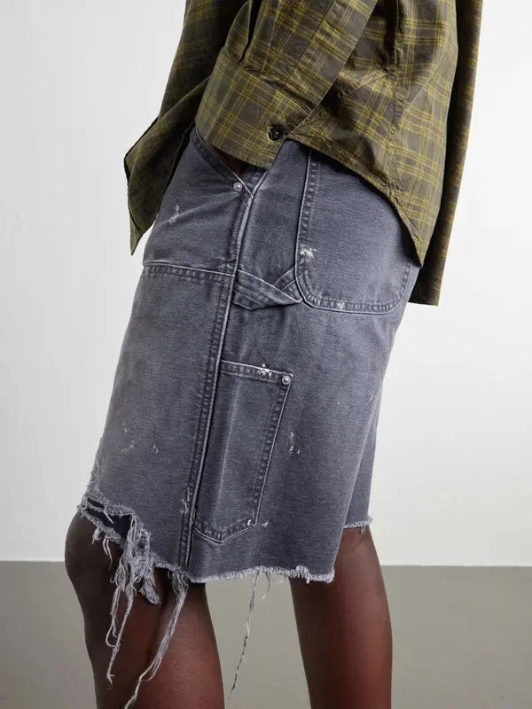 John Elliott Desert Snow Straight-leg Paint-splattered Distressed Denim Shorts