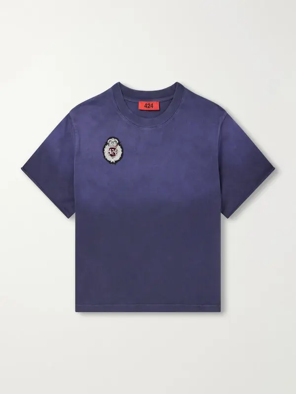 424 Distressed Logo-appliquéd Cotton-jersey T-shirt - Blue