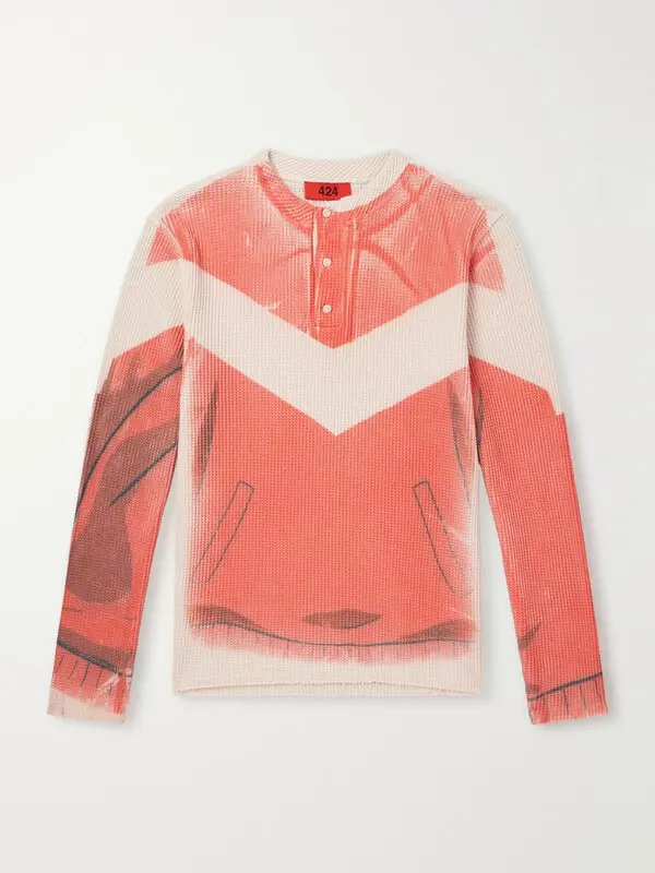 424 Azuki Shao Homage Printed Waffle-knit Henley T-shirt